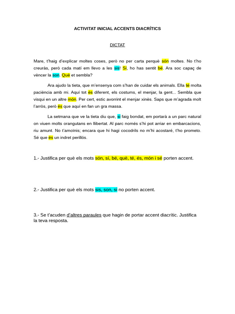 3.1. Activitat Inicial Accents Diacrítics | PDF