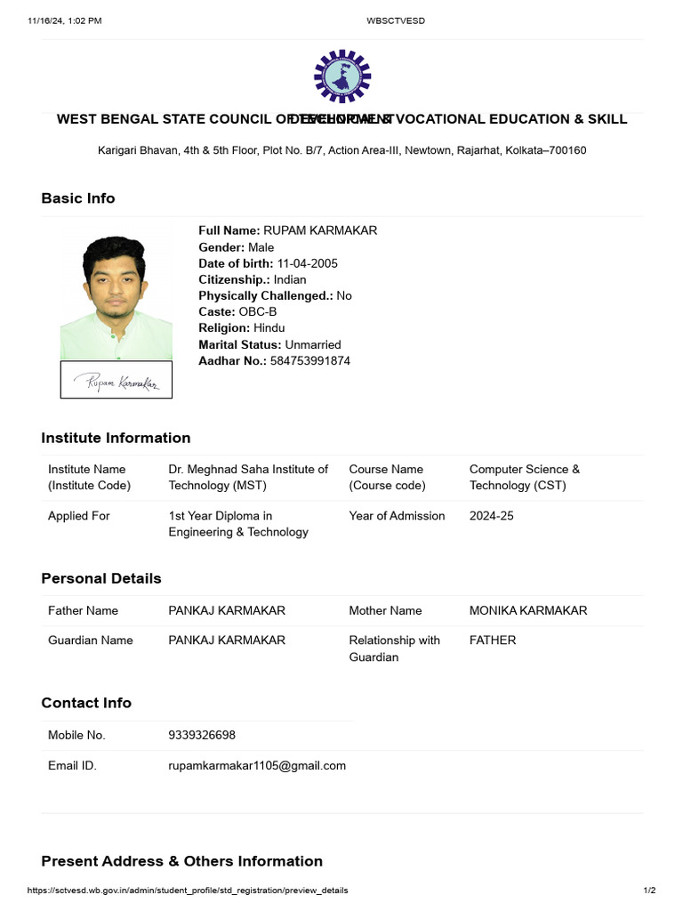 WBSCT Student Profile: Rupam Karmakar | PDF