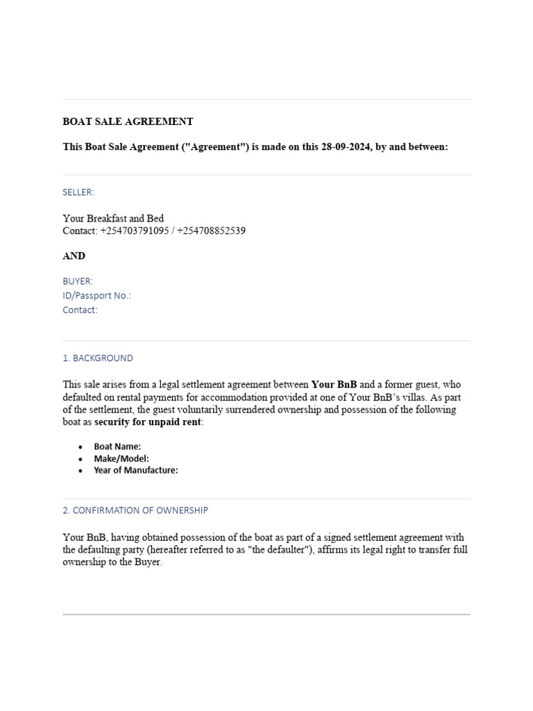 Boat Sale Agreement Template | PDF