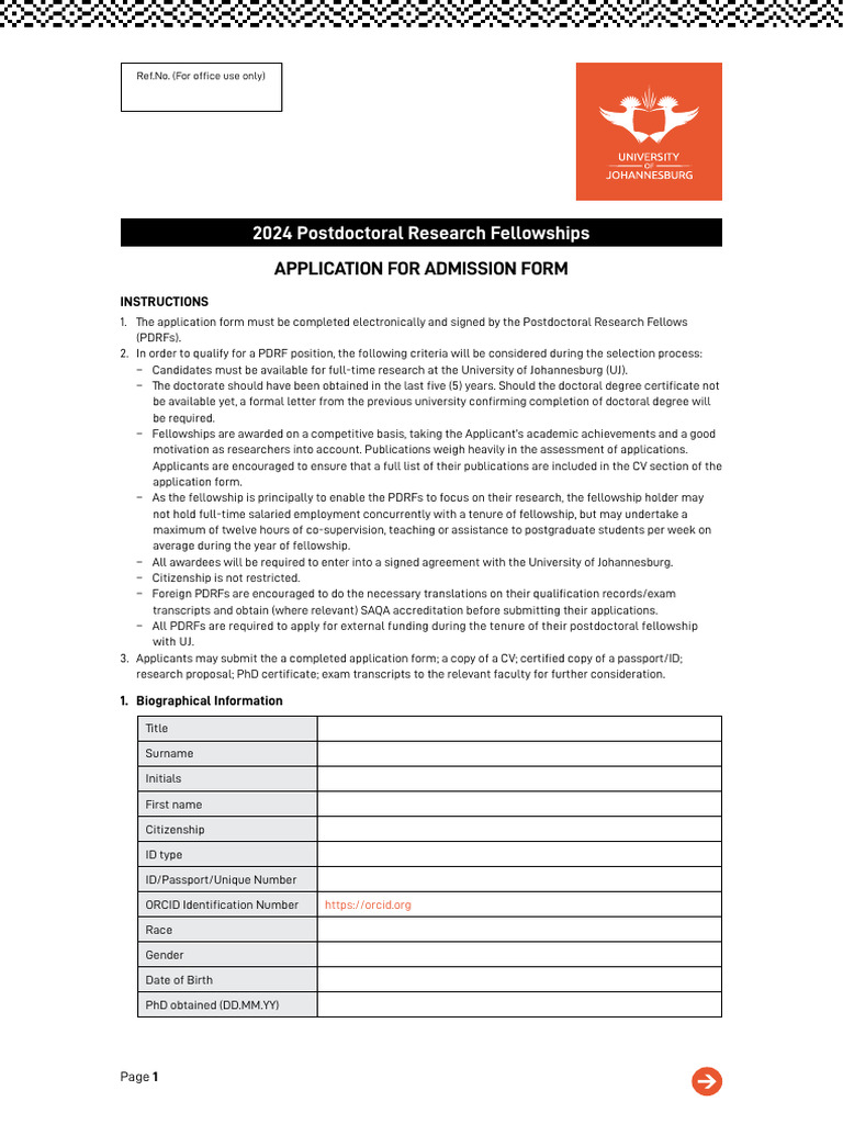 UJ Postdoctoral Fellowship Application 2024 | PDF | Doctor Of ...