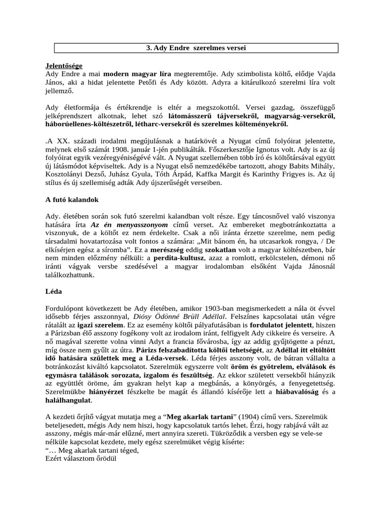 Ady Endre Szerelmi Lírája | PDF