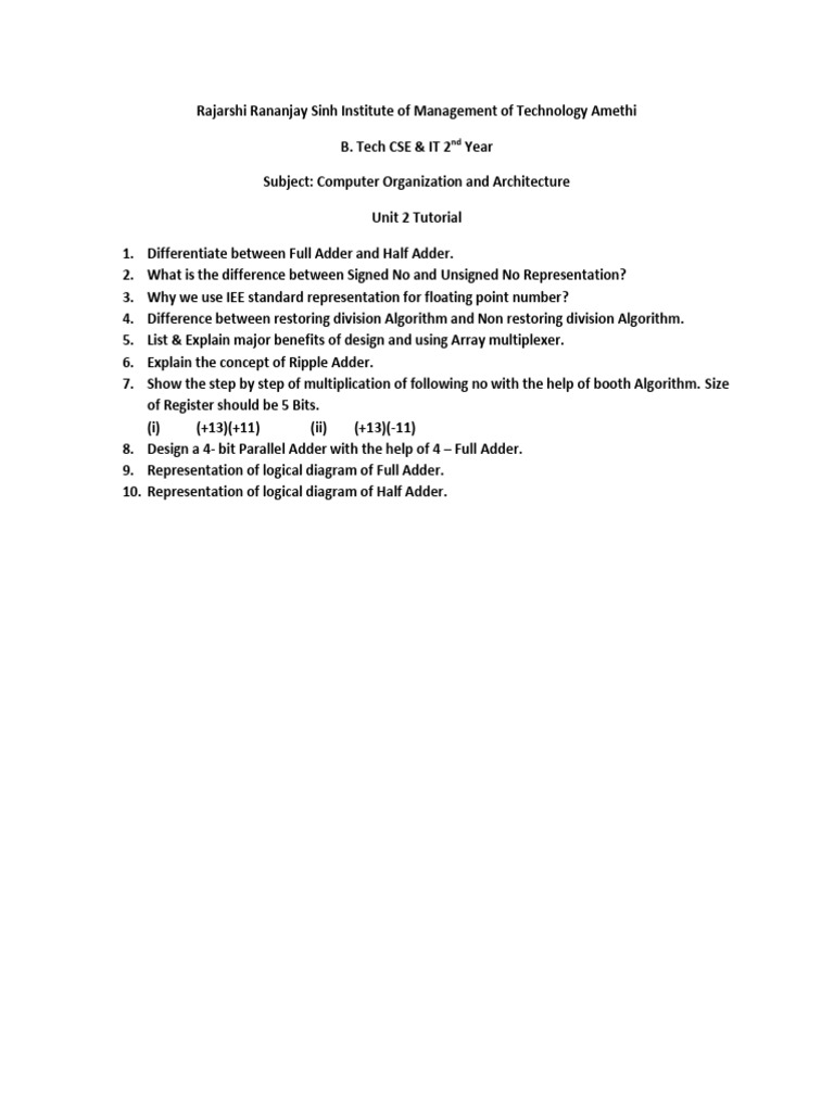 COA Unit 2 Tutorial | PDF