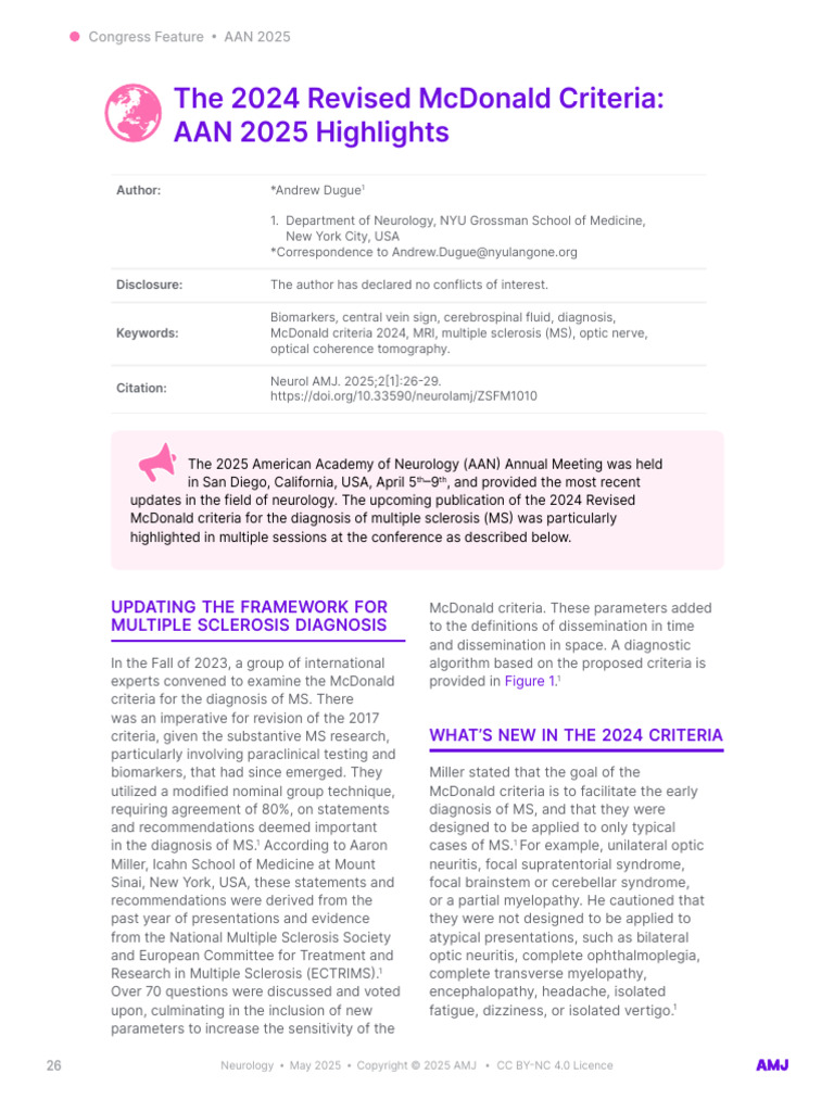 The 2024 Revised McDonald Criteria AAN 2025 Highlights | PDF | Multiple Sclerosis | Neurology