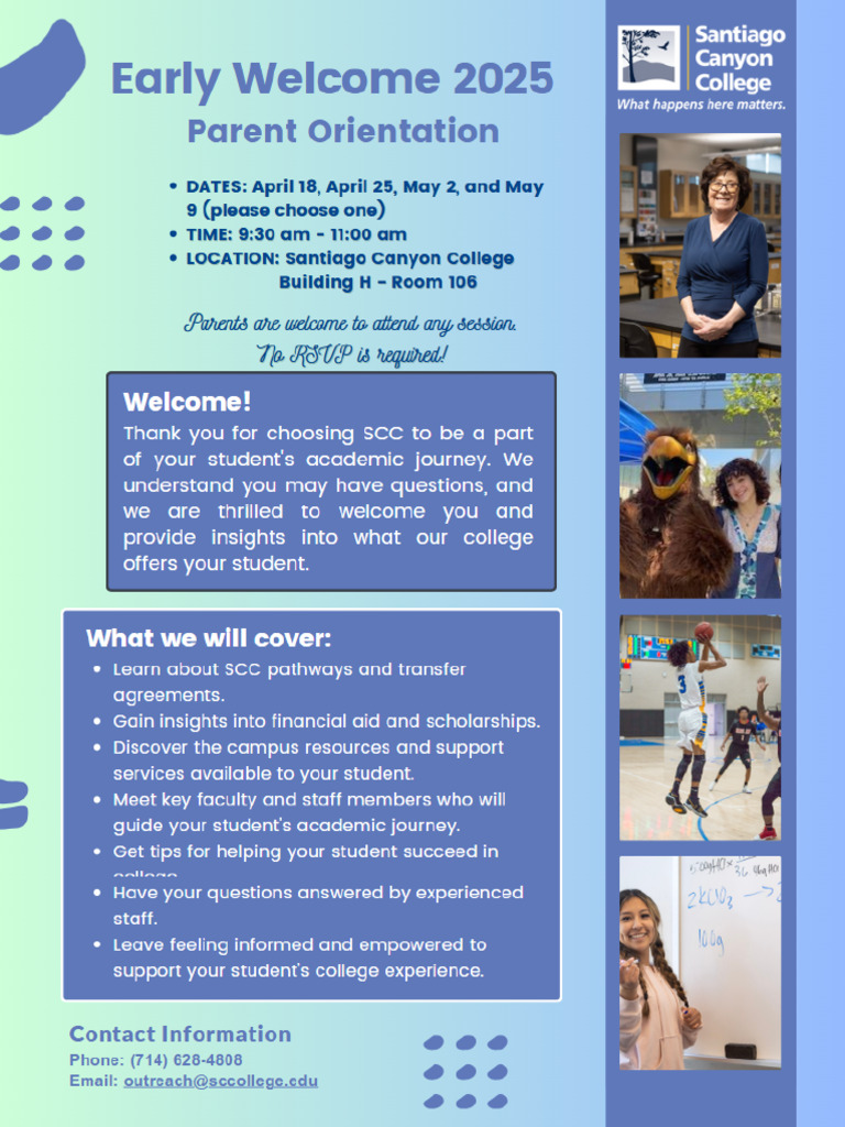 SCC Early Welcome 2025 - Parent Orientation Flyer | PDF