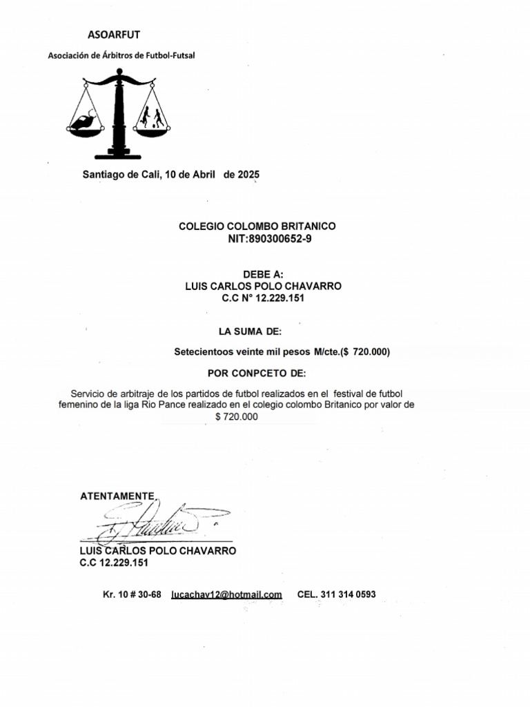 Cta Cobro Colombo Britanico Liga Femenina | PDF