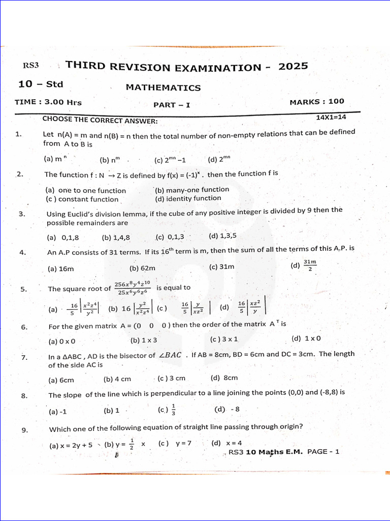 10th Maths EM 3rd Revision Exam 2025 Question Paper Salem District ...