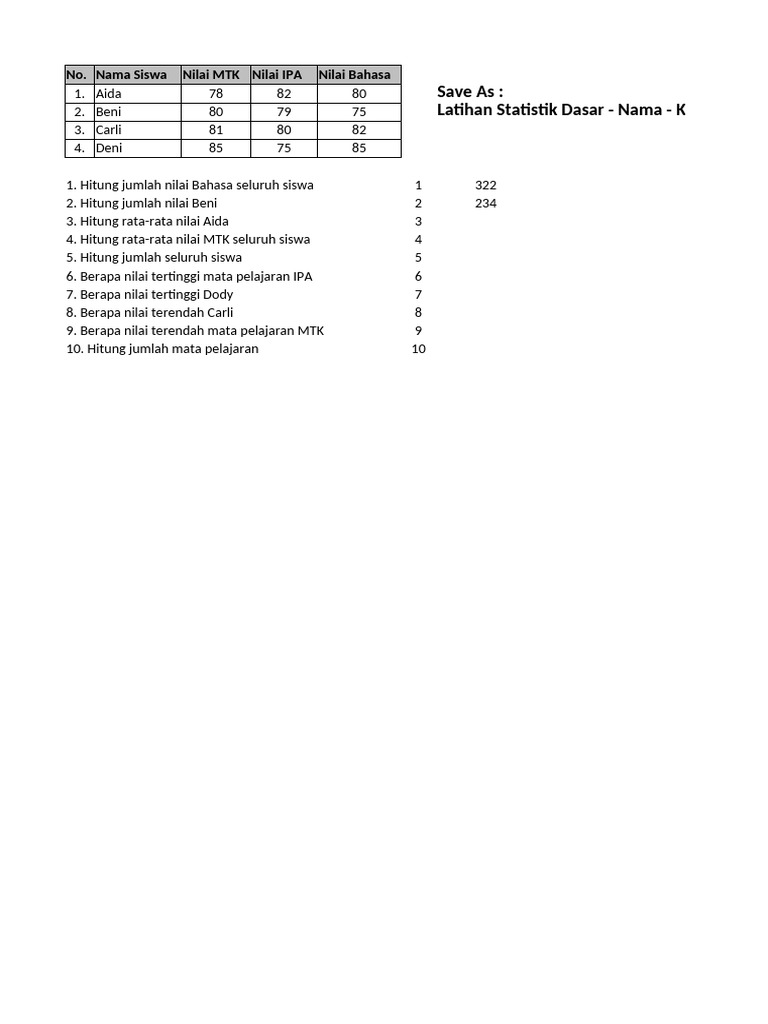 Praktek Excel Statistik Dasar Kls IX | PDF
