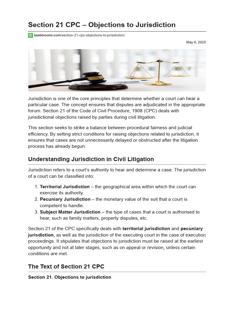 Section 21 CPC: Jurisdiction Objections Explained | PDF | Jurisdiction ...