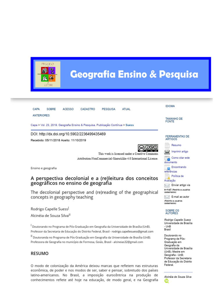 A Perspectiva Decolonial e A (Re) Leitura Dos Conceitos Geográficos No ...