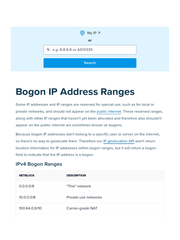 Bogon IP Address Ranges - IPinfo - Io | PDF | Ip Address | I Pv6