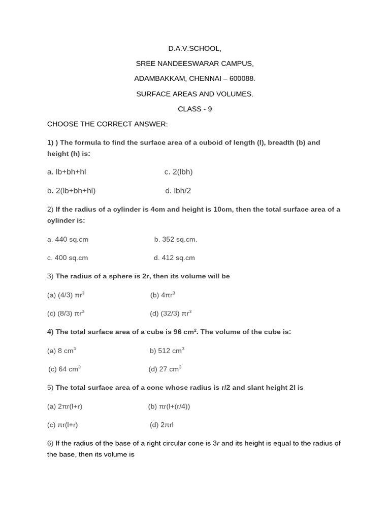 Class 9 Surface Areas and Volumes Assignment 1704980575 | PDF | Sphere | Area