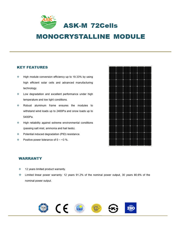 Datasheet Modulo Solar Monocristalino Amerisolar | PDF | Electricity | Electronic Engineering