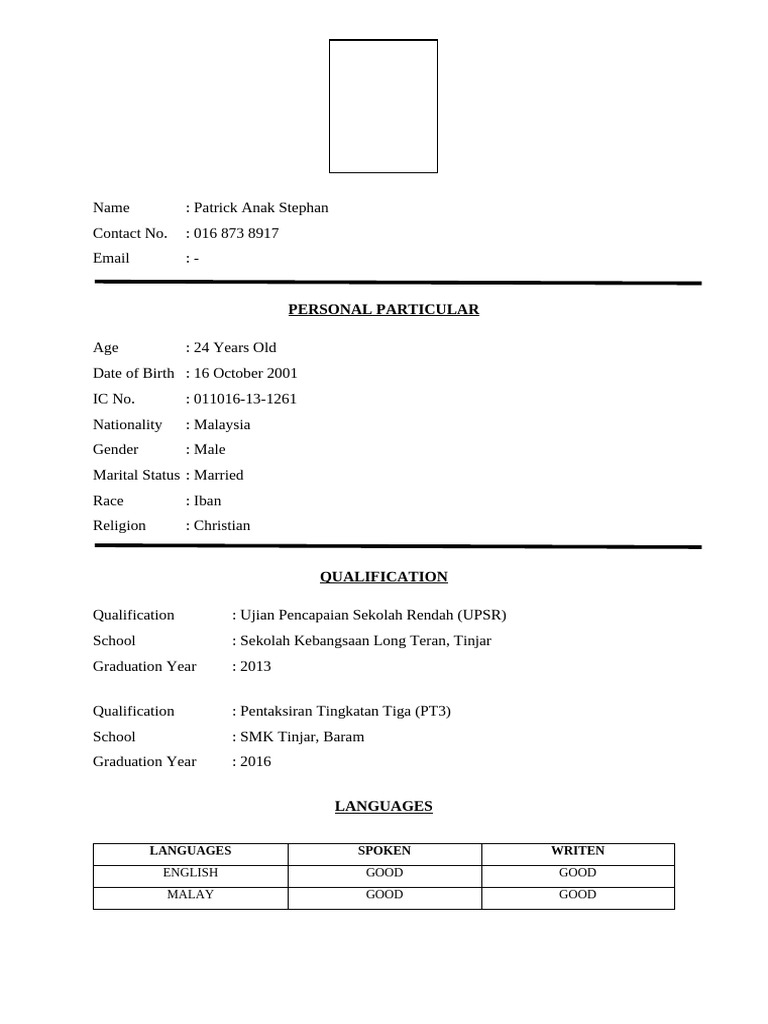 Patrick Anak Stephan's Resume Summary | PDF