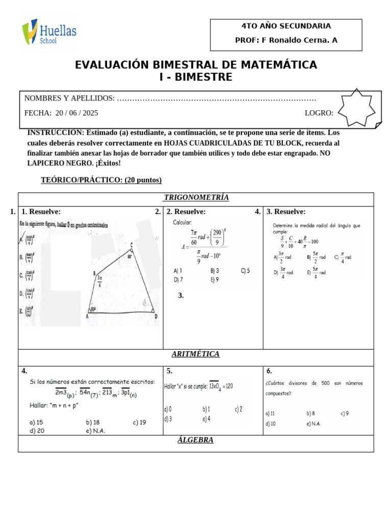 Examen Bimestral de Matemática 4to Año | PDF