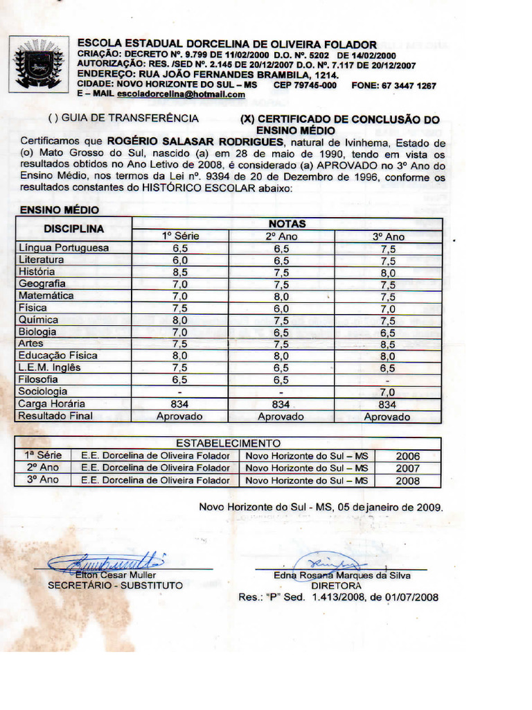 Certificado de Conclusão de Ensino Médio | PDF