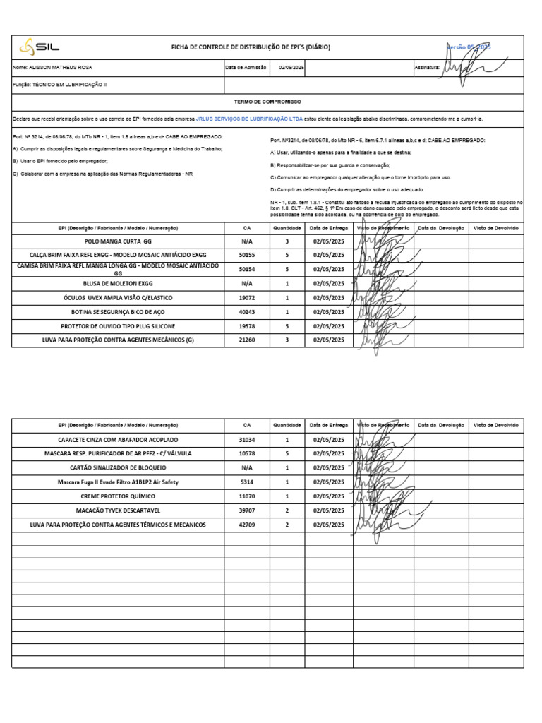 Controle de EPI para Técnico em Lubrificação | PDF