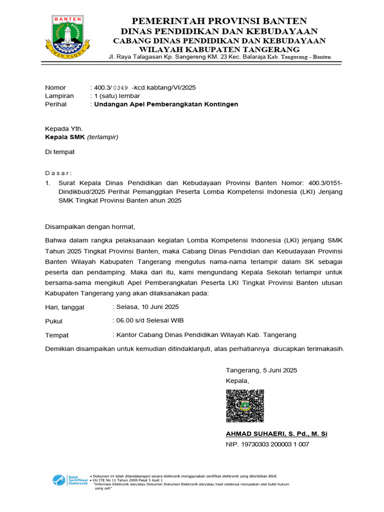 Surat Undangan Apel Pemberangkatan LKI Utusan Kab Tangerang 2 | PDF