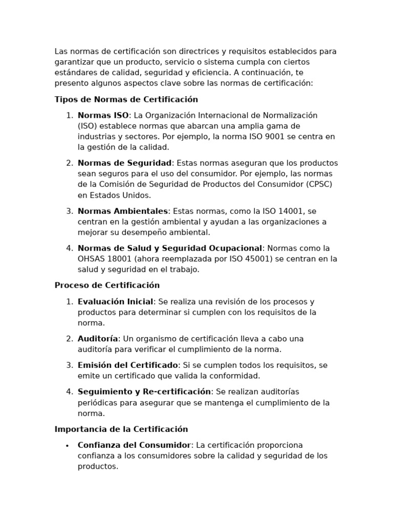 Las Normas de Certificación Son Directrices y Requisitos Establecidos para Garantizar Que Un ...