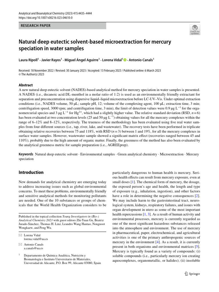 Natural Deep Eutectic Solvent Based Microextraction For Mercury | PDF | Detection Limit ...