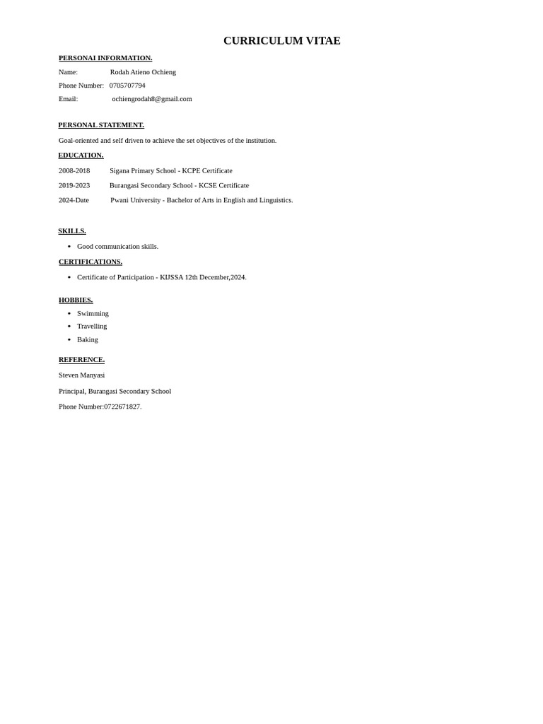 Rodah Atieno Ochieng CV | PDF