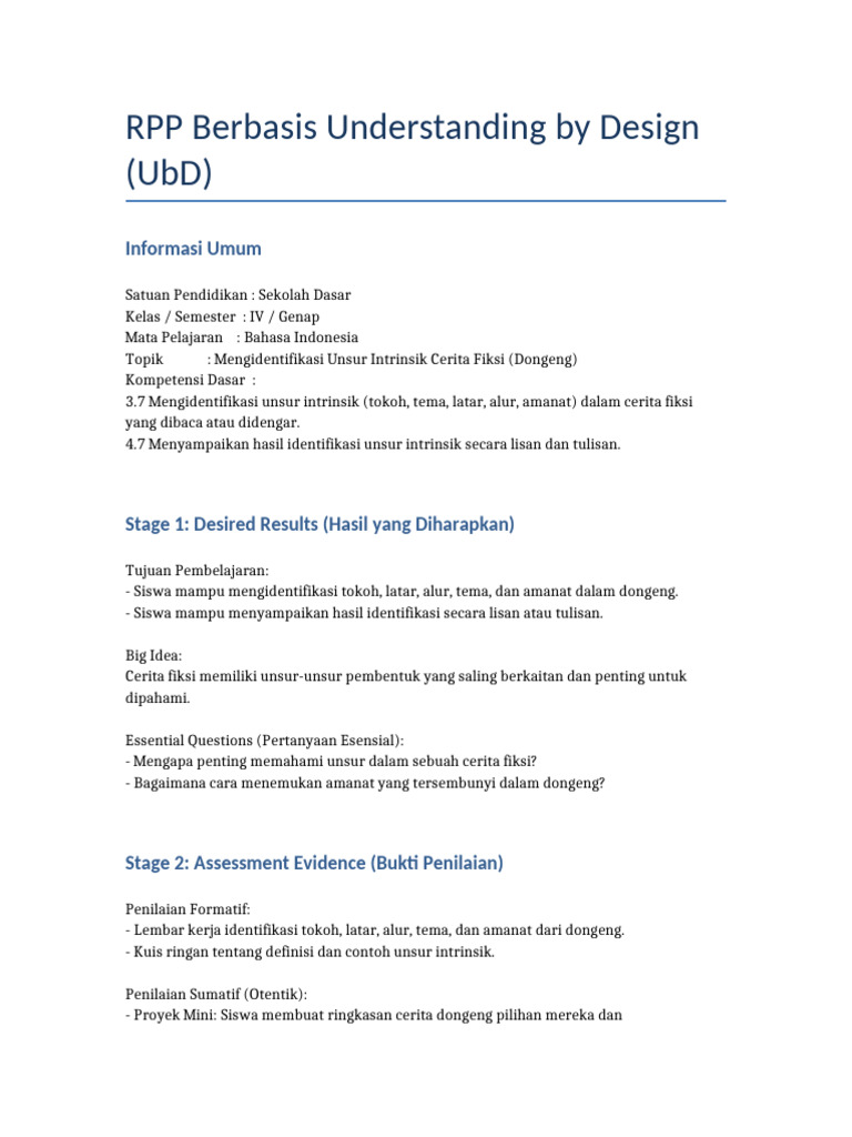 RPP UbD Bahasa Indonesia Kelas 4 | PDF