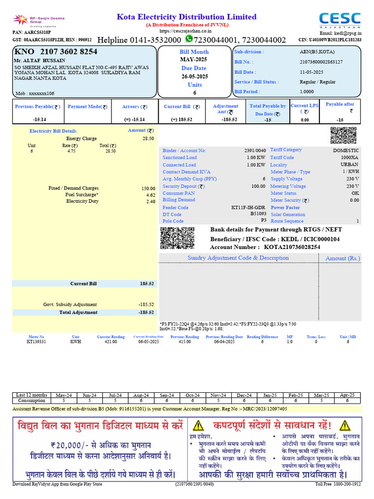 Kota Electricity Bill Details May 2025 | PDF | Electrical Engineering ...
