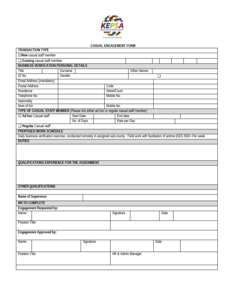Casual Engagement Form KEPSA | PDF