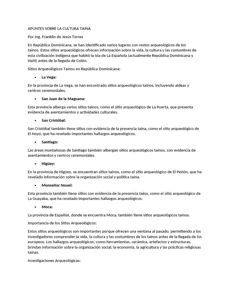 Apuntes Sobre La Cultura Taina | PDF