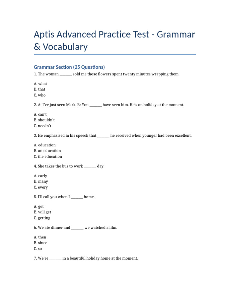 Aptis Advanced Grammar & Vocabulary Test | PDF