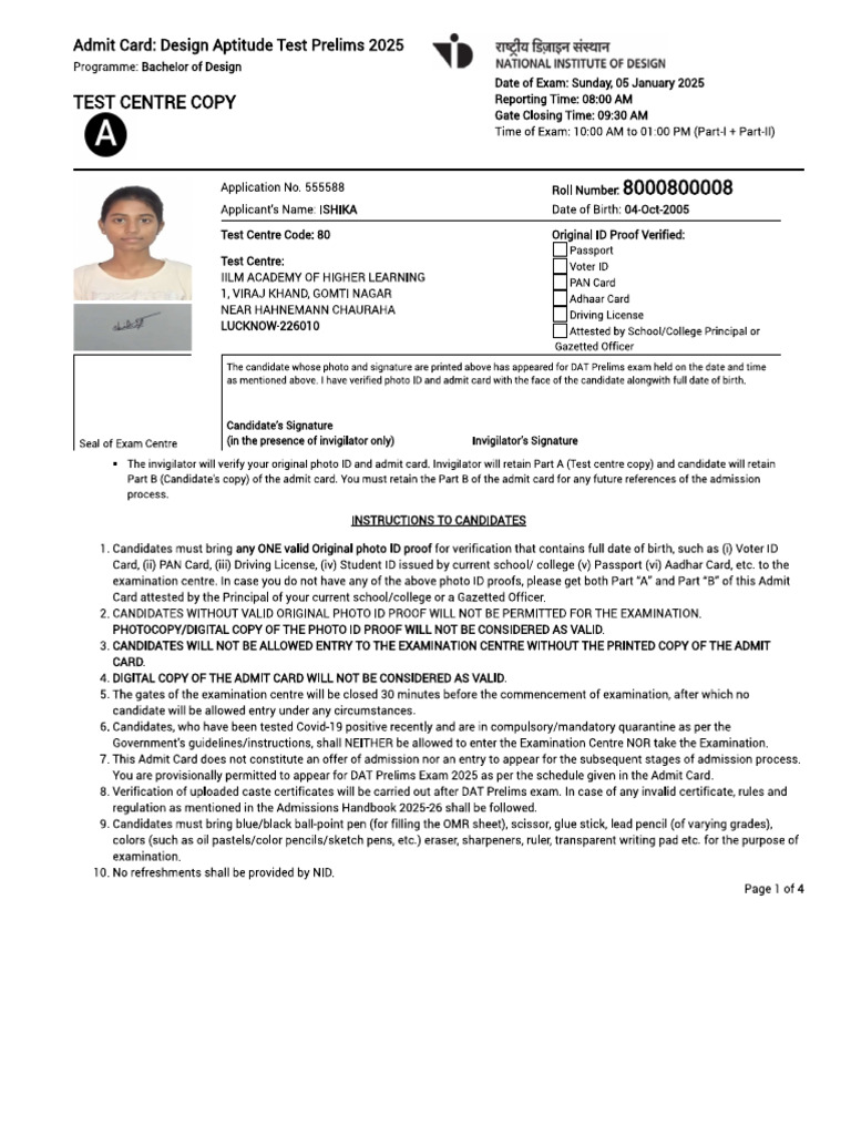 Admit Card 2025nid | PDF