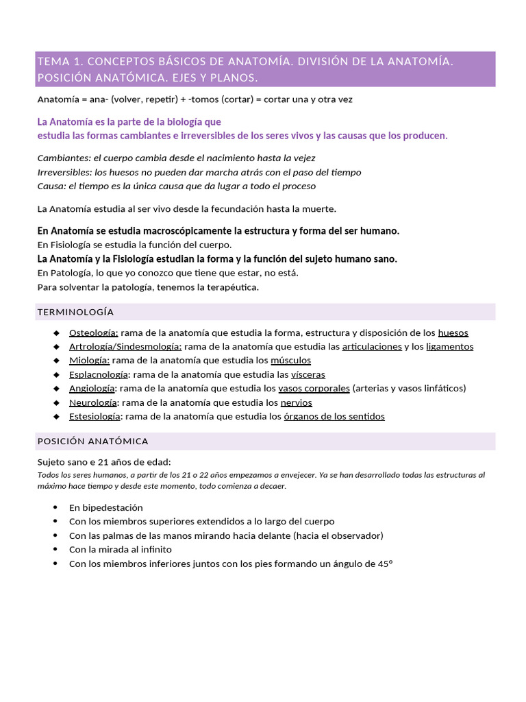 T1 - Conceptos Básicos de Anatomía. División de La Anatomía. Posición ...