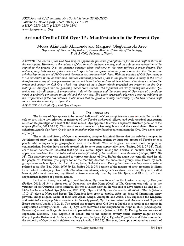 Art and Craft of Old Oyo: It's Manifestation in The Present Oyo | PDF