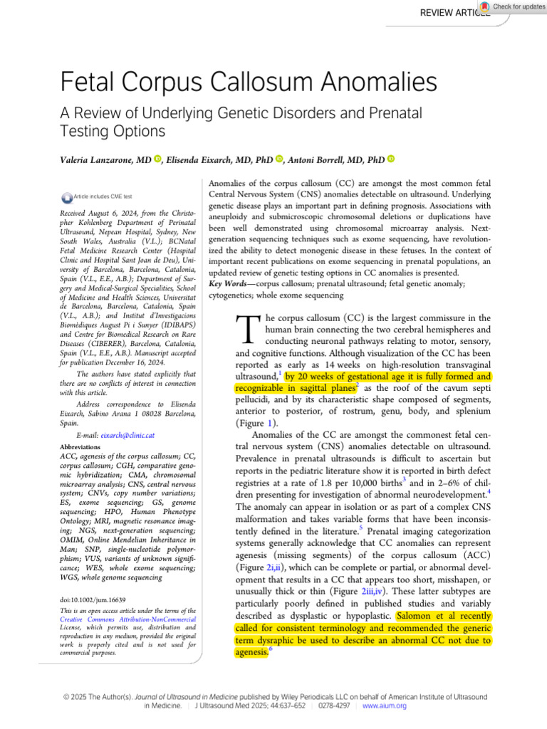Fetal Corpus Callosum Anomalies Review | PDF | Human Genome | Corpus ...