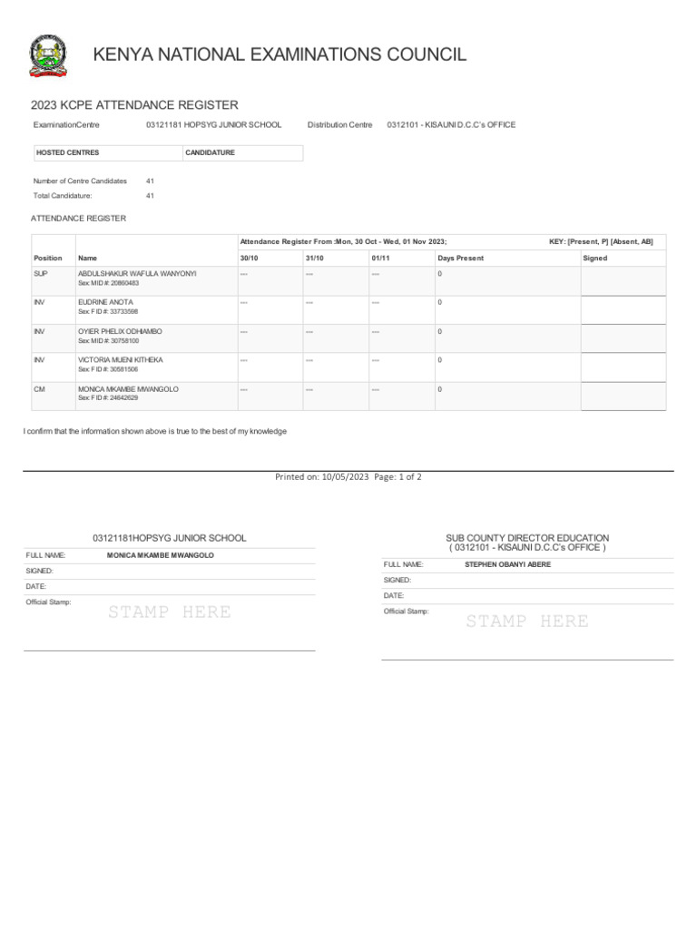 KCPE Attendance Register 2023 | PDF