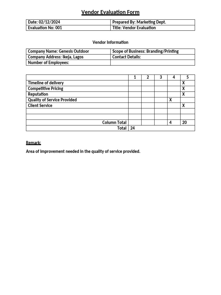 Vendor Evaluation Forms | PDF | Marketing