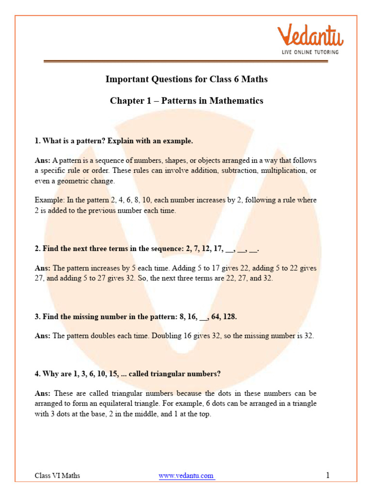 Class 6 Maths Chapter 1 Patterns in Mathematics Important Questions PDF | PDF | Numbers | Pattern