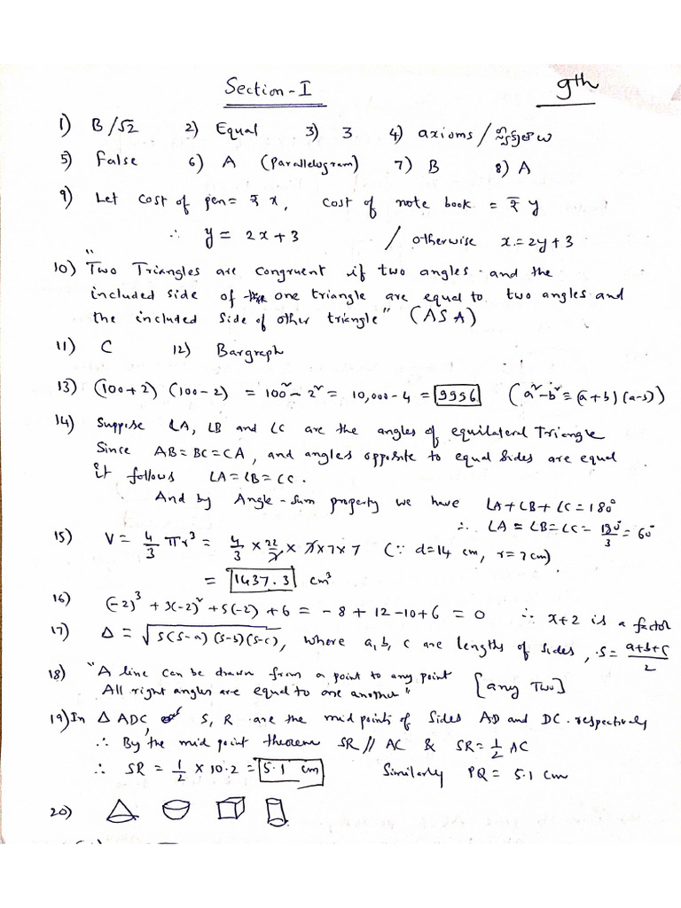 9th SA 2 Maths Key Paper | PDF
