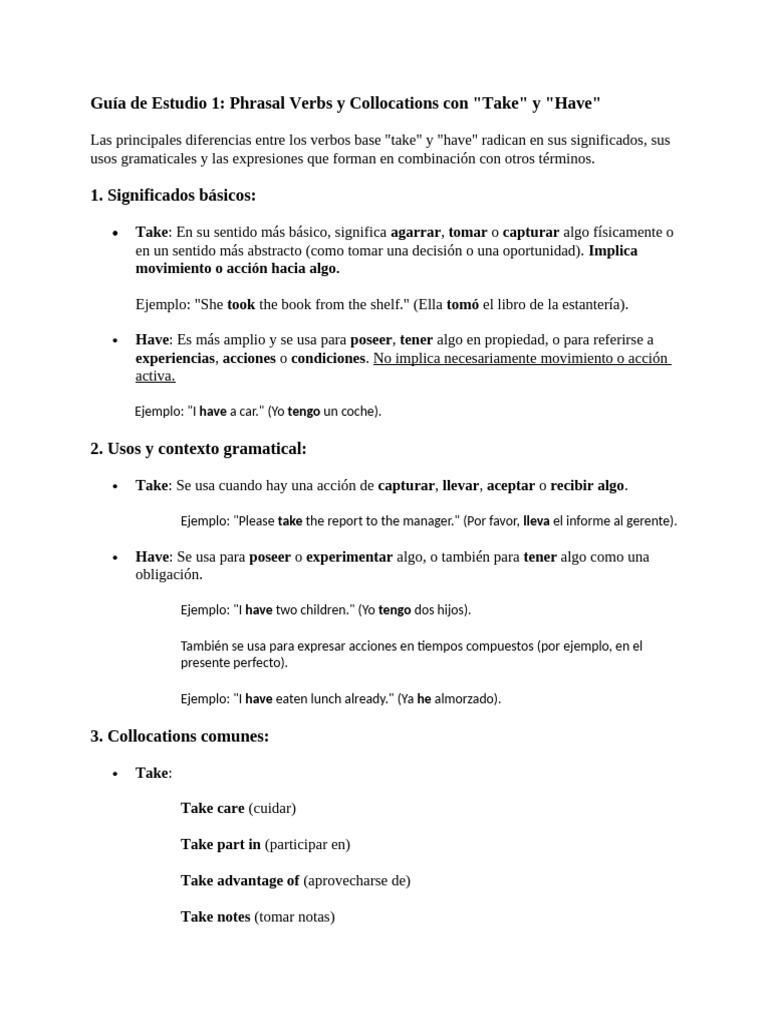 Phrasal Verbs y Collocations: Take y Have | PDF | Morfología ...