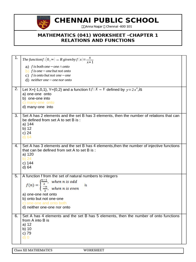 Relations and Functions - Worksheet | PDF | Function (Mathematics) | Numbers