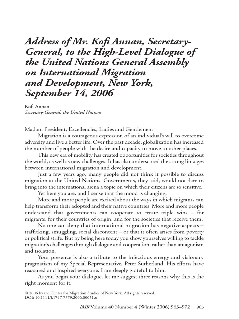 Kofi Annan Speech High Level Dialogue On Migration and Development 2006 | PDF | Human Migration ...