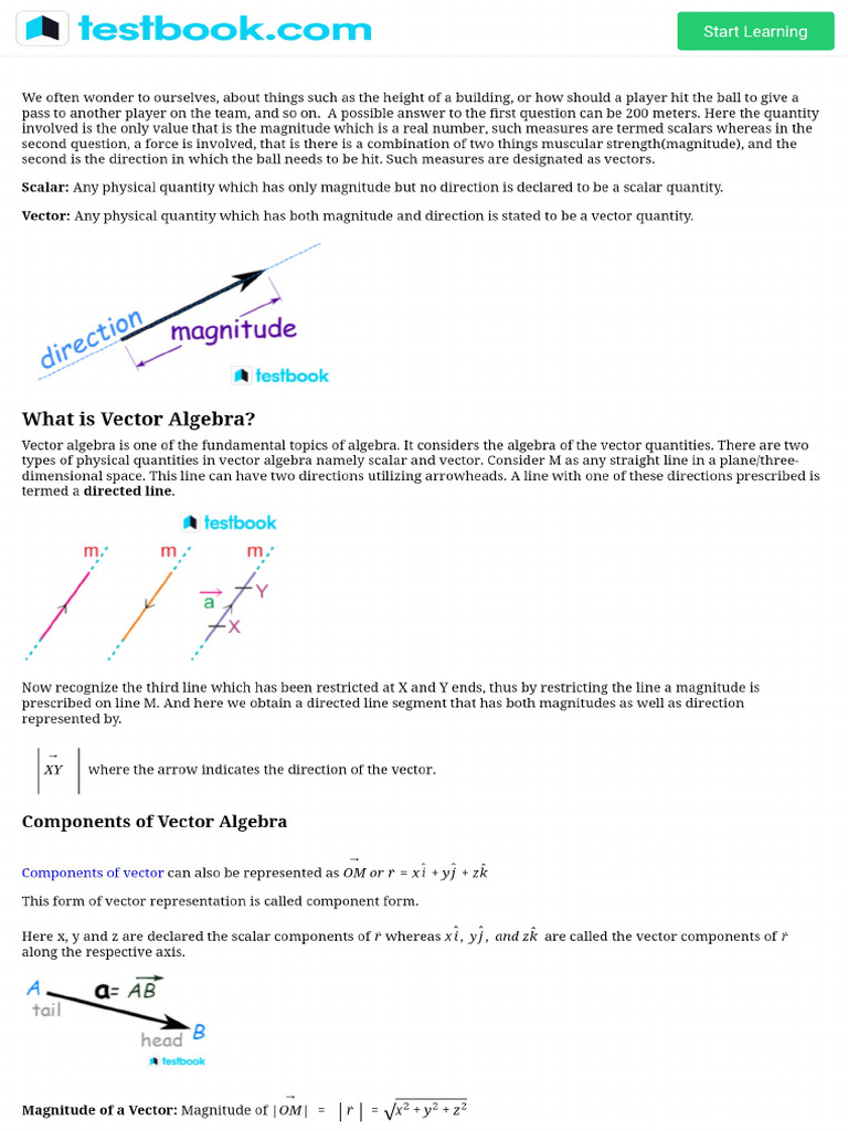 Vector Algebra - Components, Types, Operations With Formulas | PDF