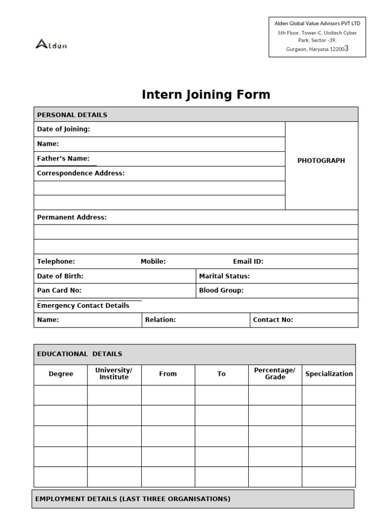 Alden Global Internship Joining Form | PDF