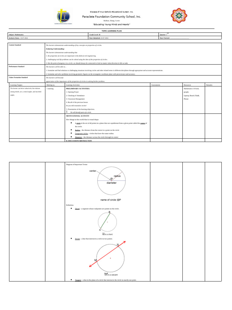 Callos-Lesson Plan in Math 10 Second Quarter Week 3 | PDF | Perpendicular | Circle