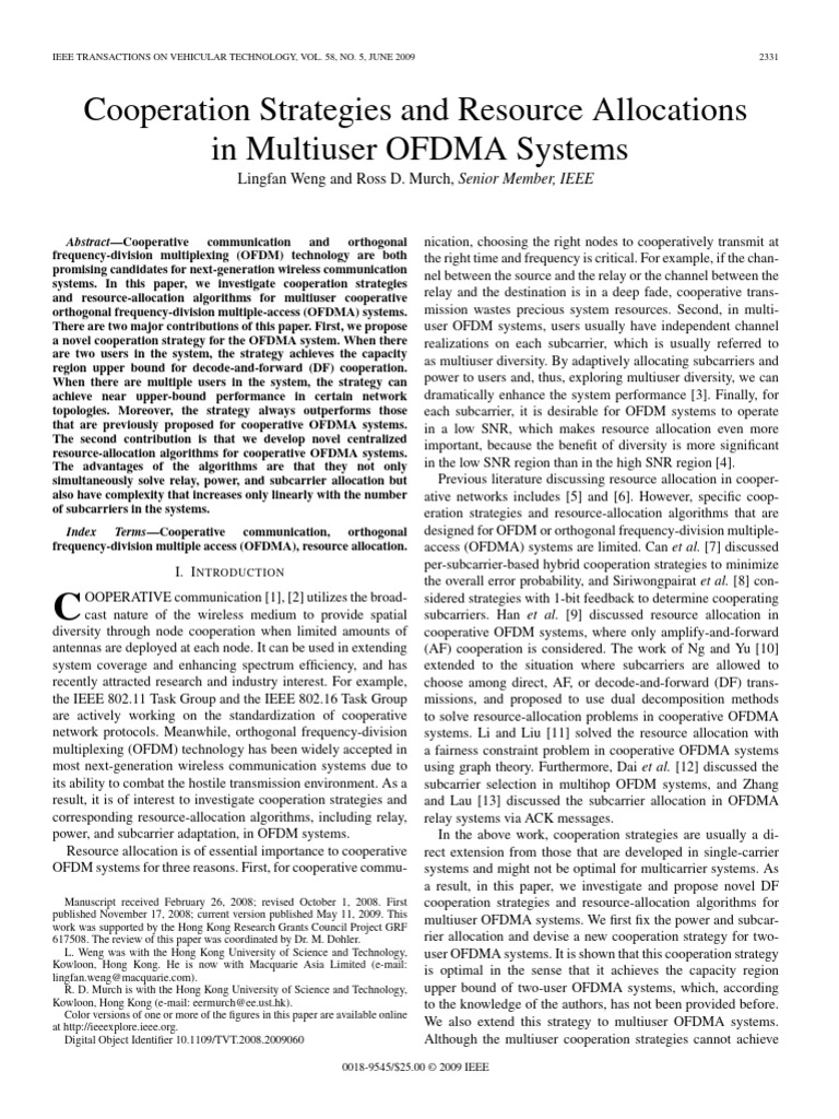 Weng09 (TVT) - Cooperation Strategies and Resource Allocations in Multiuser OFDMA Systems | PDF ...