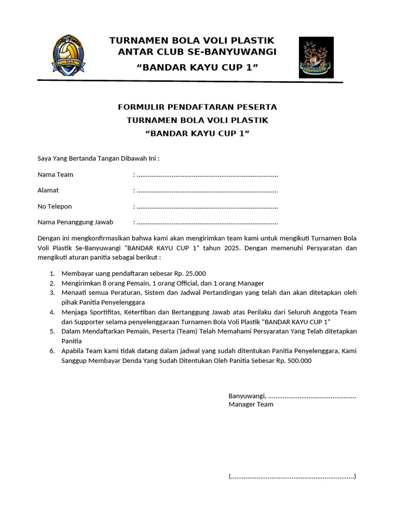 Formulir Pendaftaran Turnamen Bola Voli Plastik | PDF