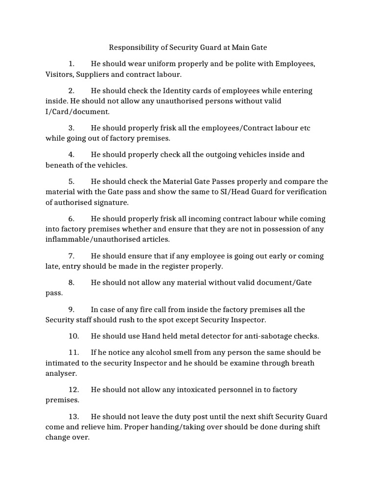Main Gate Security Guard Responsibilities | PDF