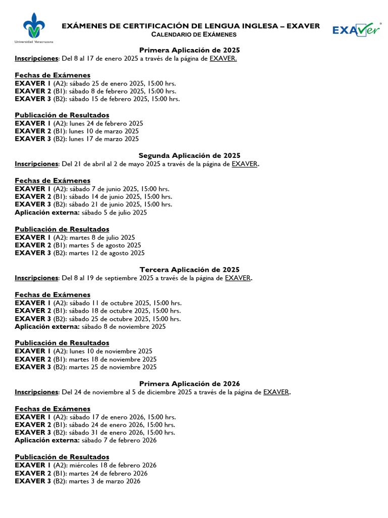 Calendario EXAVER 2025-2026 | PDF