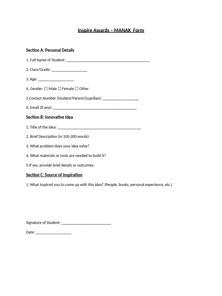 Inspire Awards MANAK Application Form | PDF