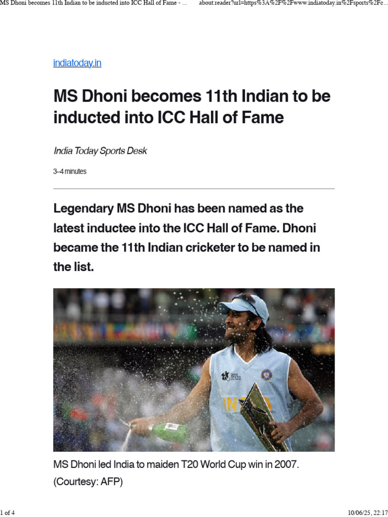 MS Dhoni Becomes 11th Indian To Be Inducted Into ICC Hall of Fame - India Today | PDF | Sports ...
