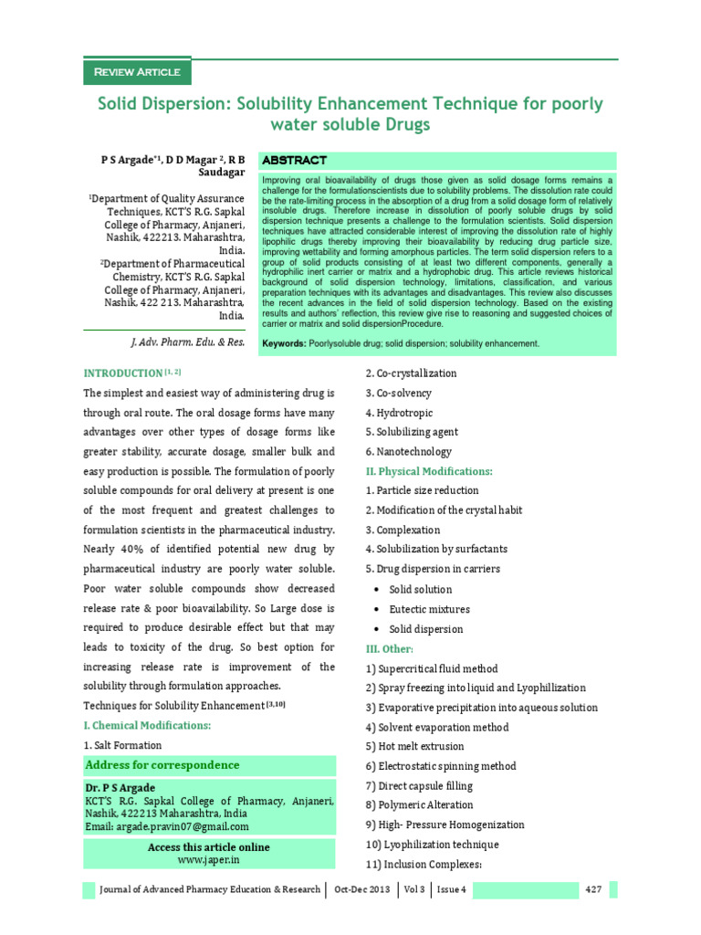 Solid Dispersion Solubility Enhancement Technique for Poorly Water Soluble Drugs | PDF ...